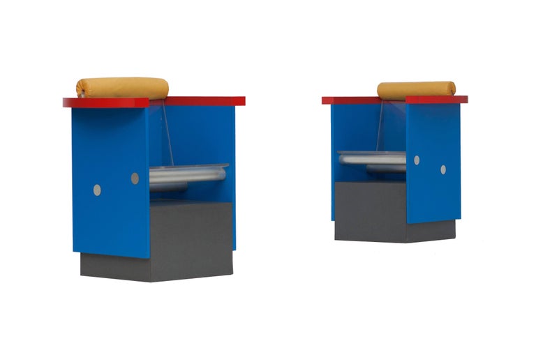 Memphis style Unusual Pair of Blue, Red and Yellow Chairs at 1stDibs