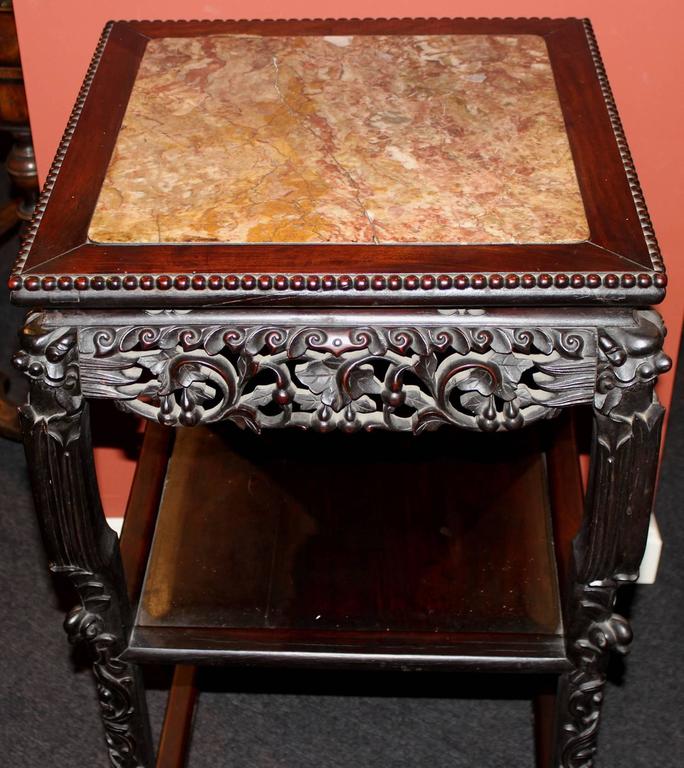 19th Century Chinese Square Marble Top Two-Tier Carved Rosewood Stand ...