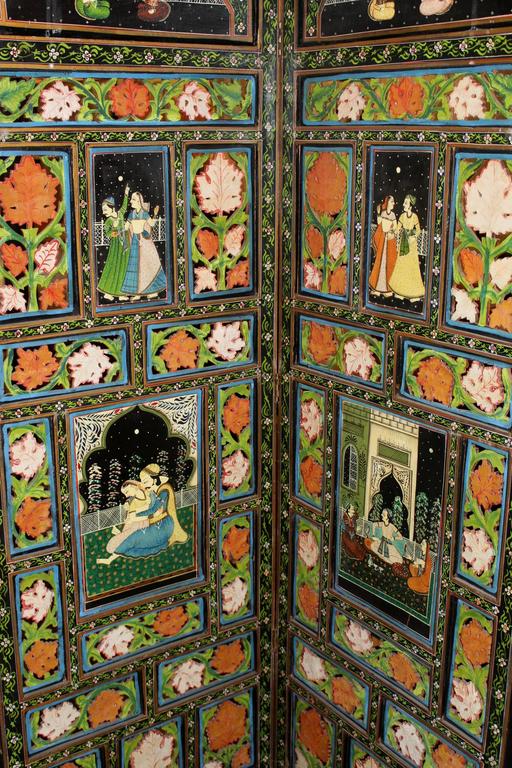 Four Panel Polychrome Hand-Painted Indian Dressing Screen at 1stDibs