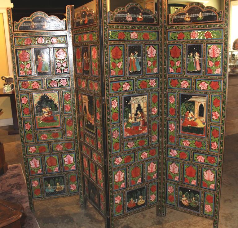 Four Panel Polychrome Hand-Painted Indian Dressing Screen at 1stDibs