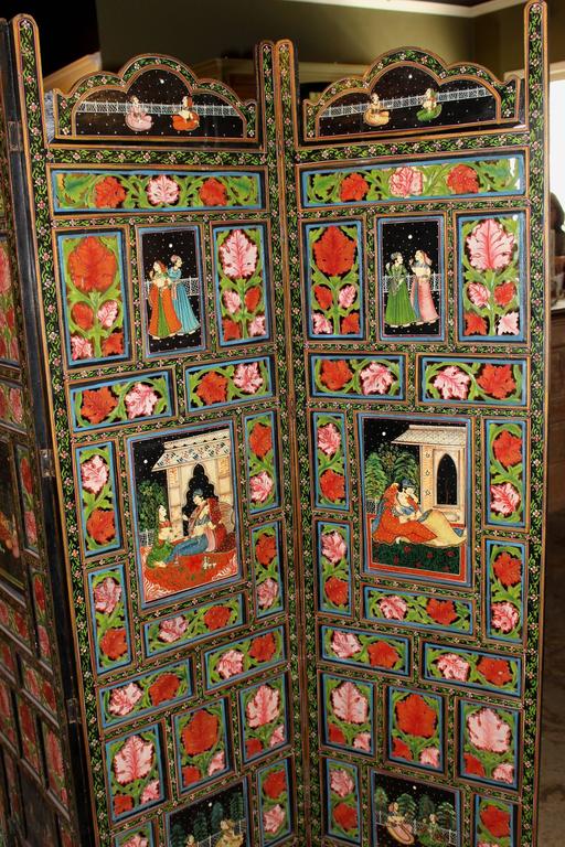 Four Panel Polychrome Hand-Painted Indian Dressing Screen at 1stDibs