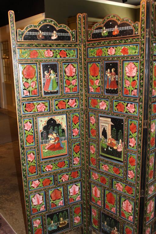 Four Panel Polychrome Hand-Painted Indian Dressing Screen at 1stDibs