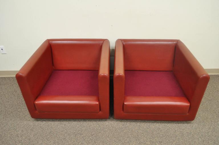 Pair of Red Leather Cube Club or Lounge Chairs on Casters For Sale at ...