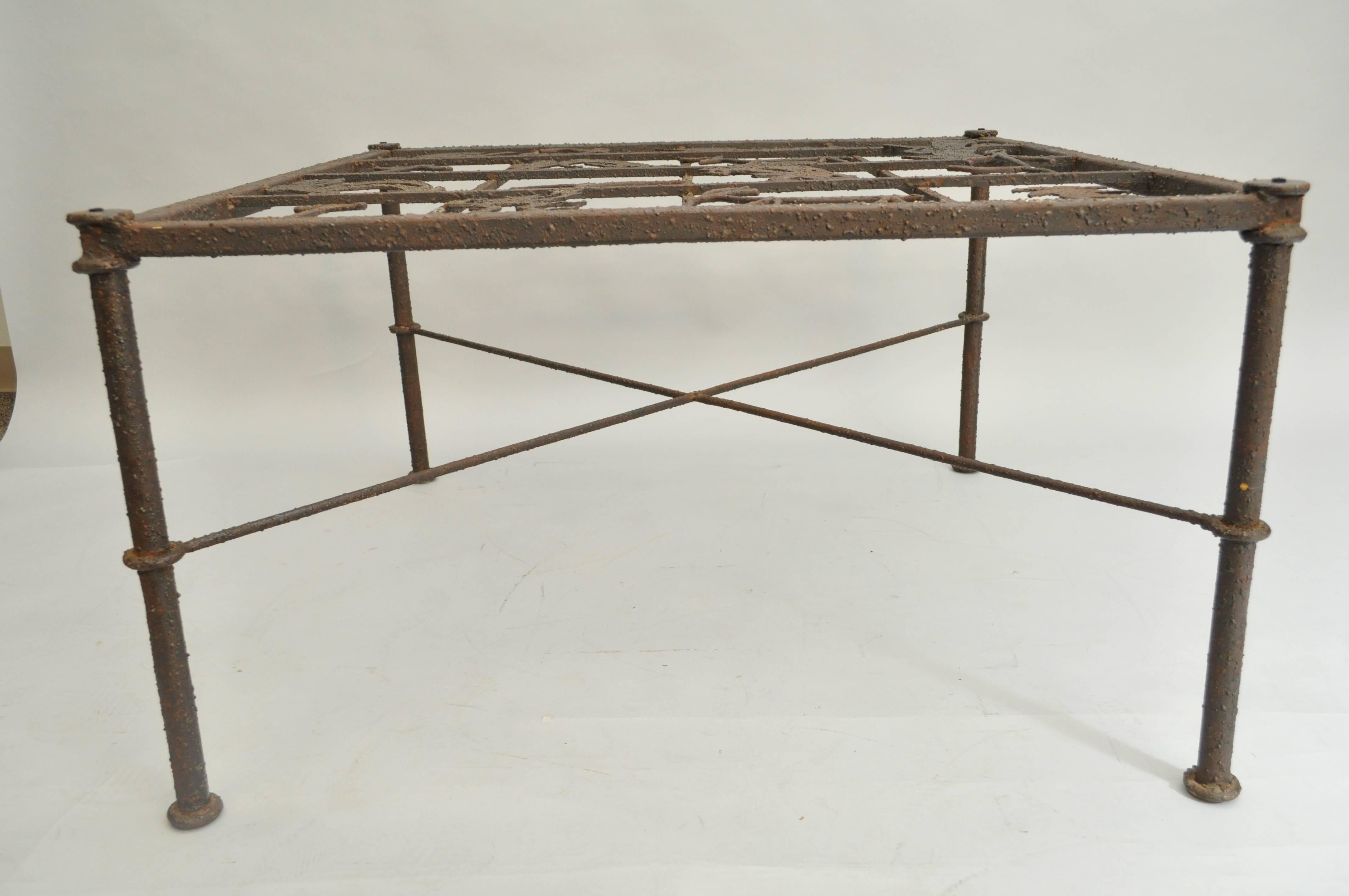 Metal and Glass Square Brutalist Coffee Table with Native American ...