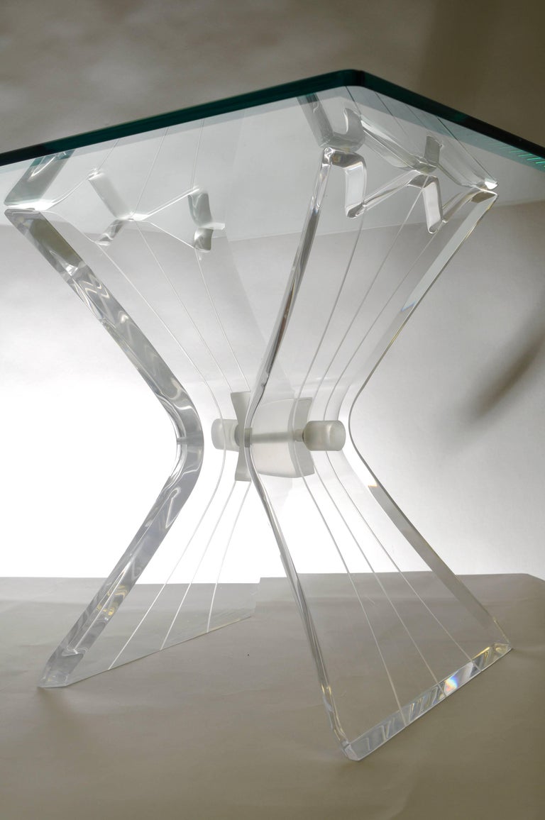 Pair of Mid Century Modern Lion in Frost Lucite Butterfly Glass Top End ...