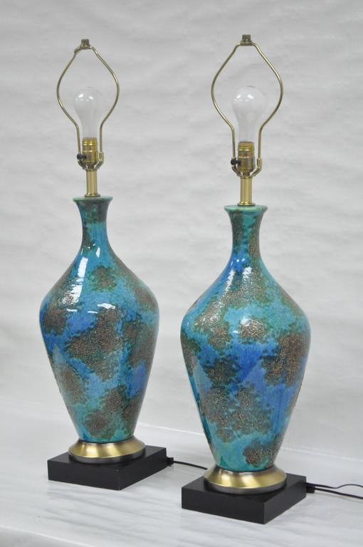 Pair of Mid Century Italian Modern Blue Glazed Ceramic Pottery Table ...