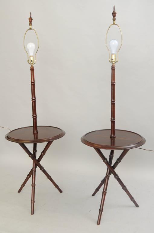 Pair of Chinese Chippendale Faux Bamboo Wood Tripod Floor Lamp Round ...