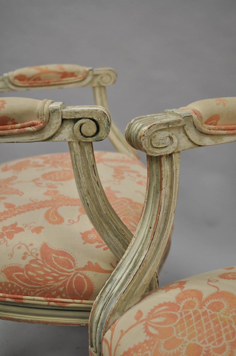 Pair French Louis XVI Cream Peach Green Distress Painted Fauteuil Arm ...