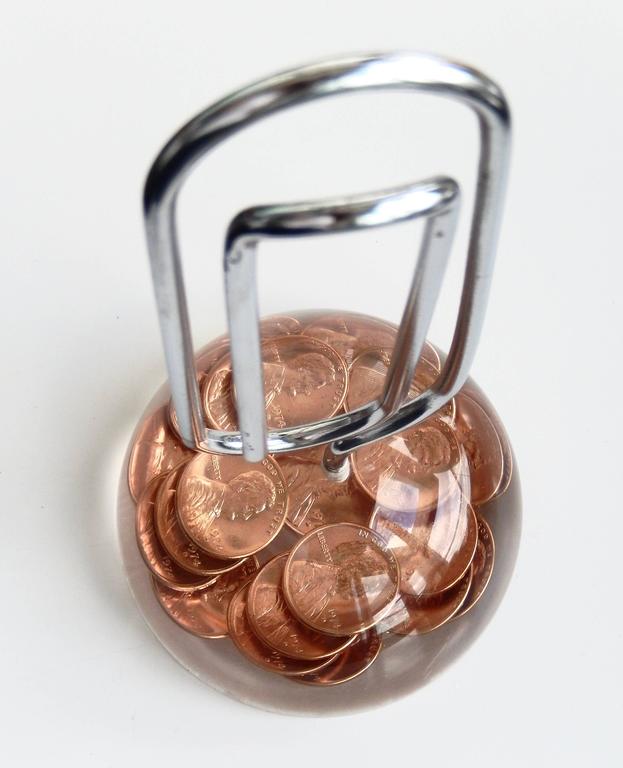 1974 Large Chrome Paper Clip with Pennies/Lucite Base For Sale at 1stdibs