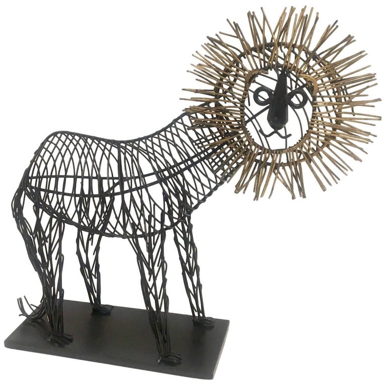 Whimsical Metal Wire Lion Sculpture Unsigned in the Style of C. Jere at ...