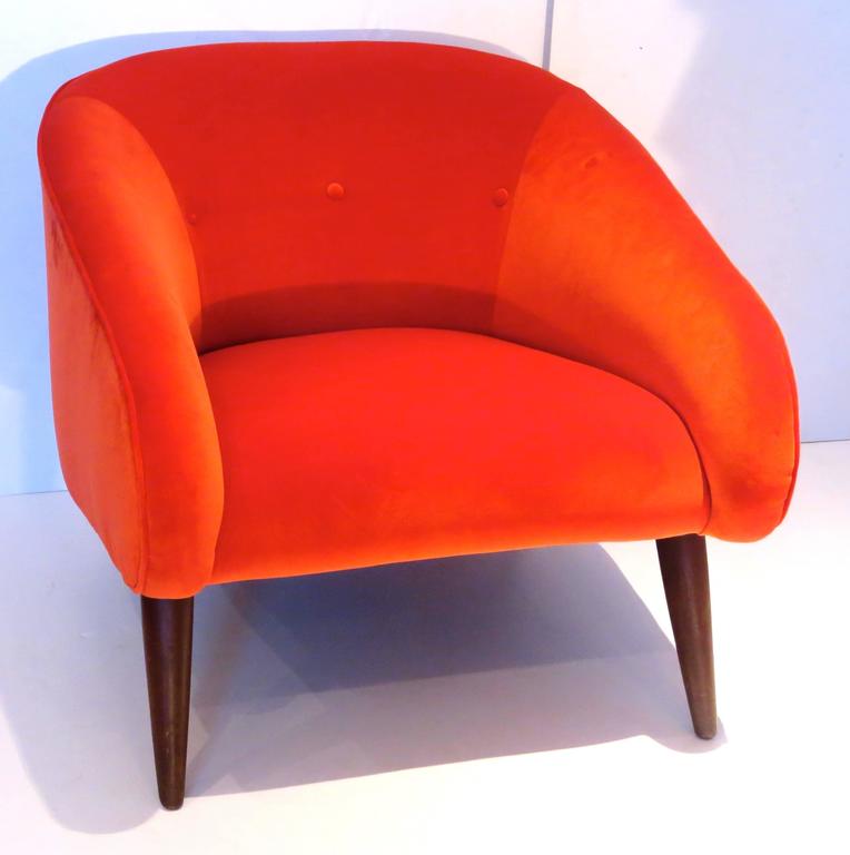 Striking 1950s American modern lounge chair in red velvet fabric at 1stDibs