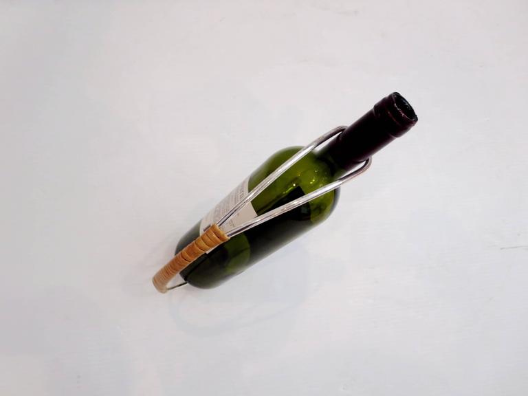 1960s Silver Plated Elegant Wine Bottle Holder with Cane Wrapped Handle ...
