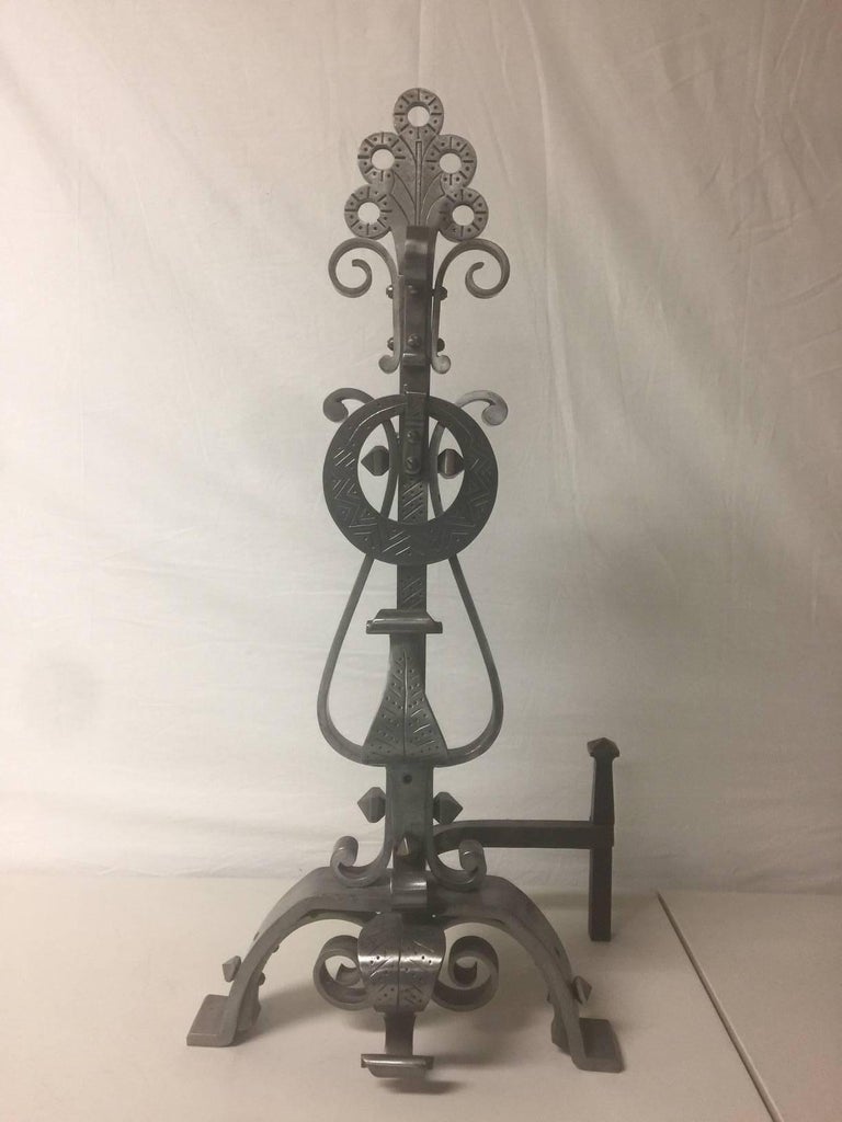 Gorgeous Pair of Scrolled Iron Andirons and Cross Bar For Sale at 1stDibs