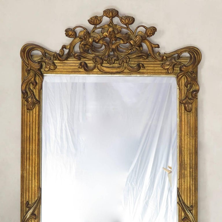 Large Art Nouveau Mirror with Lotus Flower Decor, France, Early 1900s ...