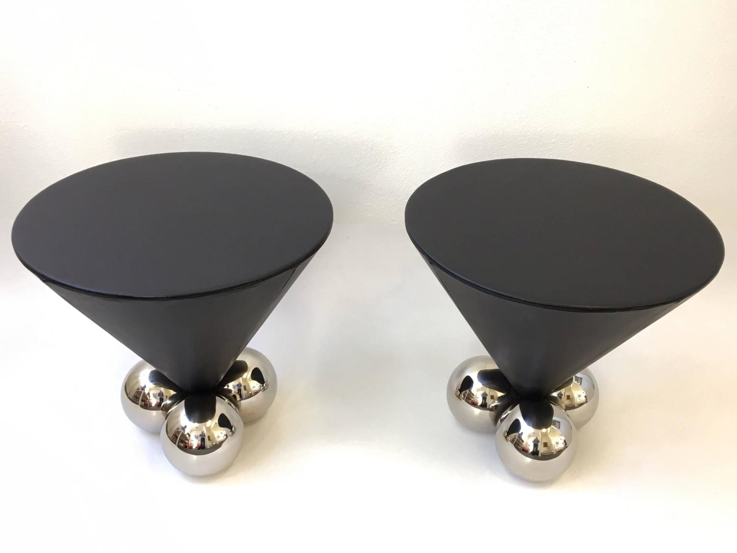 Pair of Leather and Polished Stainless Steel Bocci Side Tables by ...