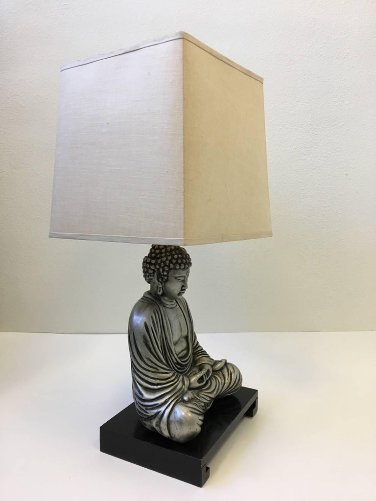 Silver and Black Lacquered Buddha Table Lamp in the Style of James Mont ...