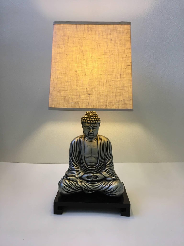 Silver and Black Lacquered Buddha Table Lamp in the Style of James Mont ...