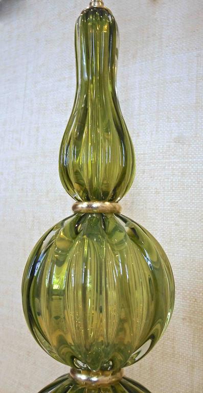 Pair of Absinthe Colored Ribbed Murano Seguso Glass Lamps at 1stDibs