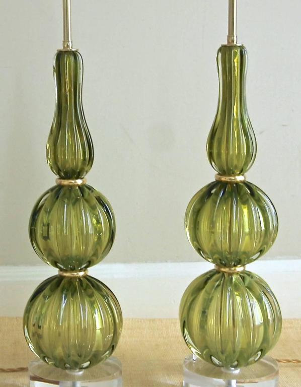 Pair of Absinthe Colored Ribbed Murano Seguso Glass Lamps at 1stDibs
