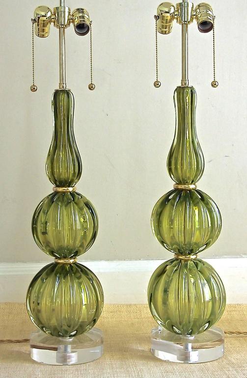 Pair of Absinthe Colored Ribbed Murano Seguso Glass Lamps at 1stDibs
