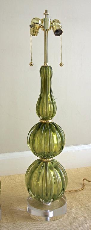 Pair of Absinthe Colored Ribbed Murano Seguso Glass Lamps at 1stDibs