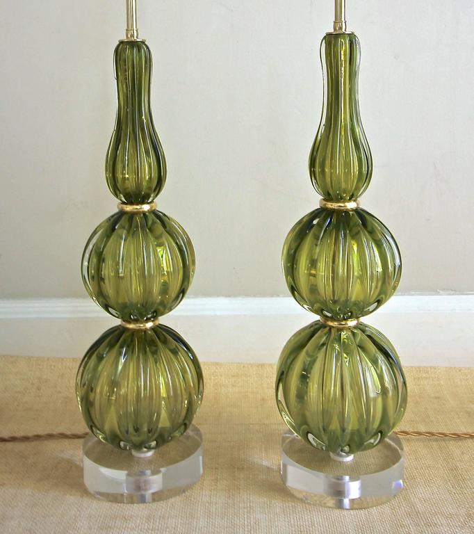 Pair of Absinthe Colored Ribbed Murano Seguso Glass Lamps at 1stDibs