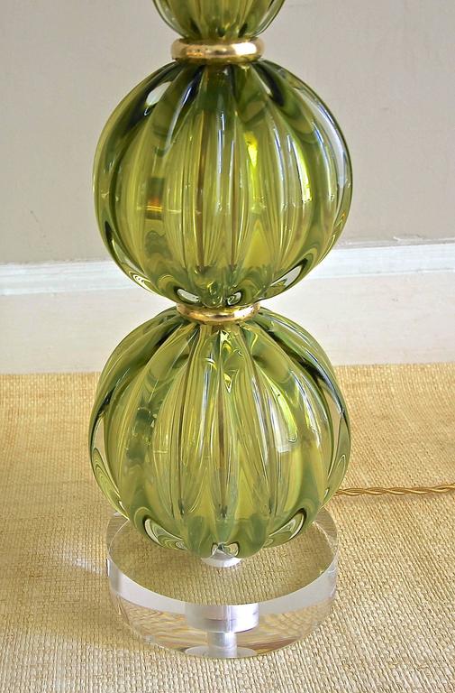 Pair of Absinthe Colored Ribbed Murano Seguso Glass Lamps at 1stDibs