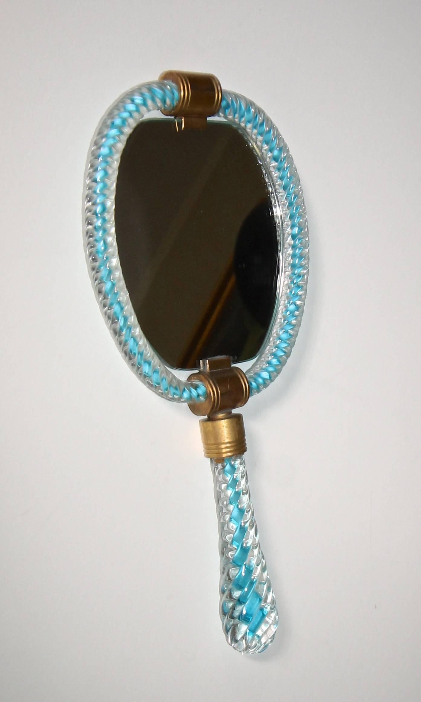 Rare Murano Glass Aqua Blue Clear Hand Vanity Mirror at 1stDibs