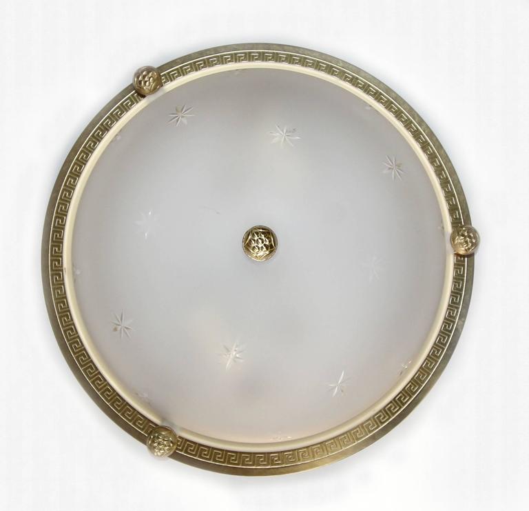 Six Vaughan Regency Style Greek Key Brass Glass Flush Mount Ceiling ...