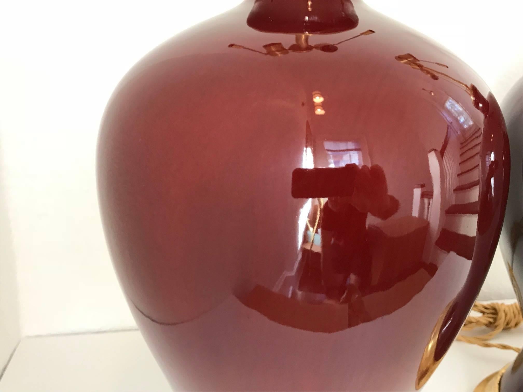 Pair of Sang De Bouef Oxblood Red Ceramic Lamps with Giltwood Bases at ...