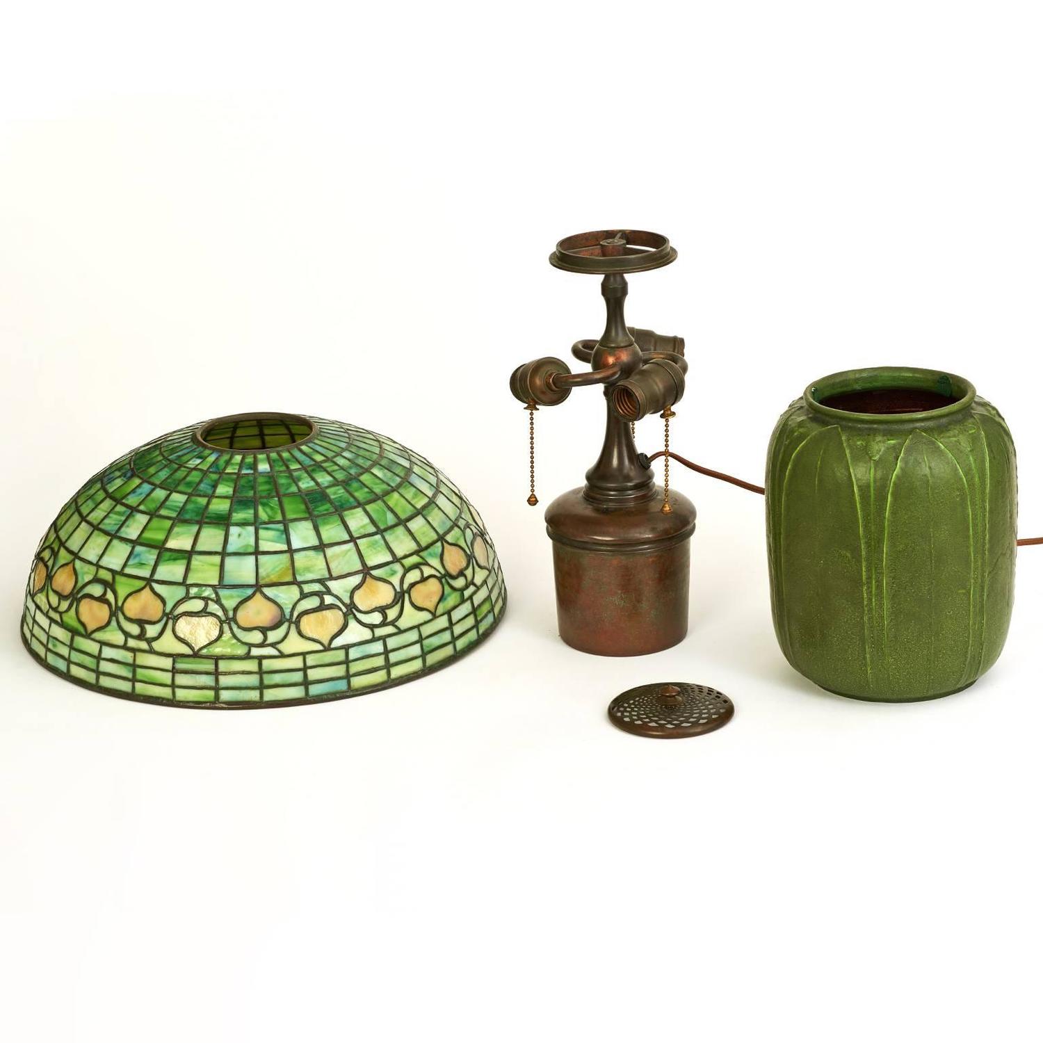 Signed Tiffany Studios Leaded Glass Acorn Lamp with Grueby Base For ...