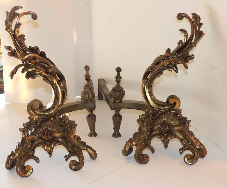 Wonderful Pair Of French Rococo Scroll Gilt Dore Bronze Large Andirons ...