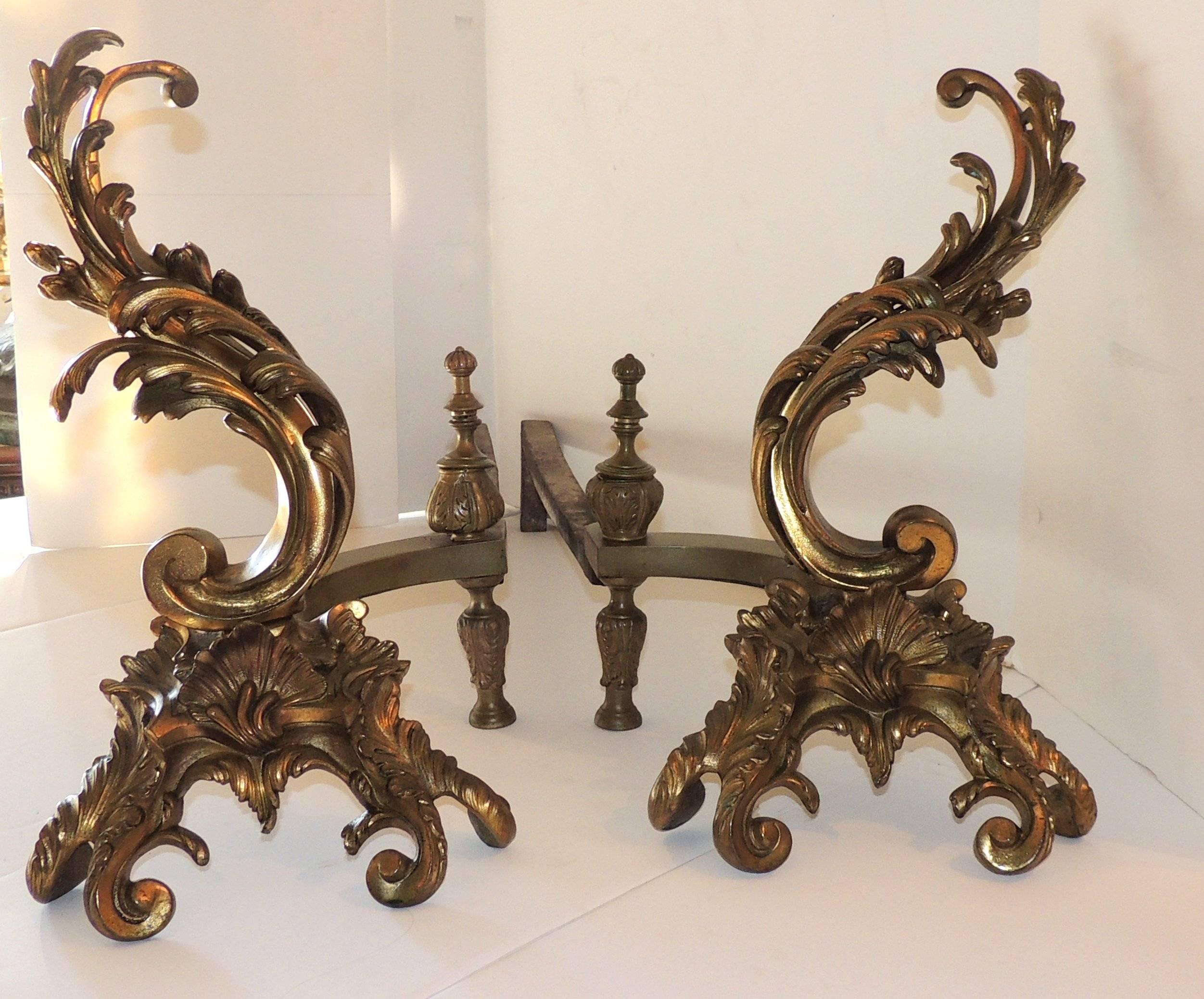 Wonderful Pair Of French Rococo Scroll Gilt Dore Bronze Large Andirons ...
