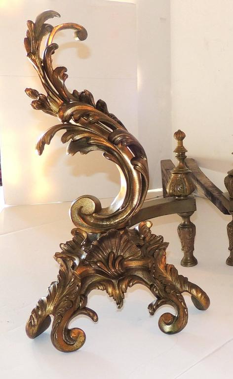 Wonderful Pair Of French Rococo Scroll Gilt Dore Bronze Large Andirons ...