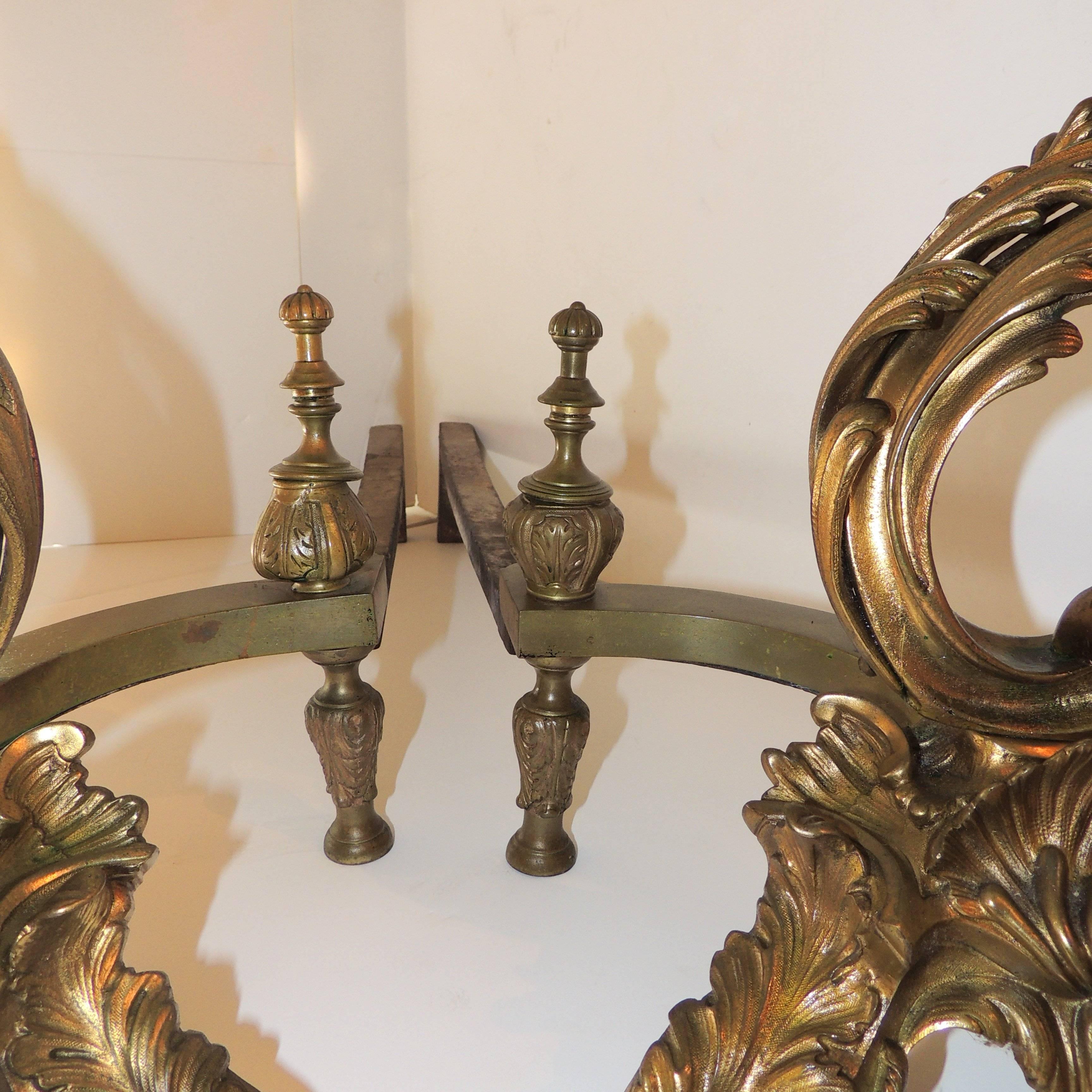 Wonderful Pair Of French Rococo Scroll Gilt Dore Bronze Large Andirons ...