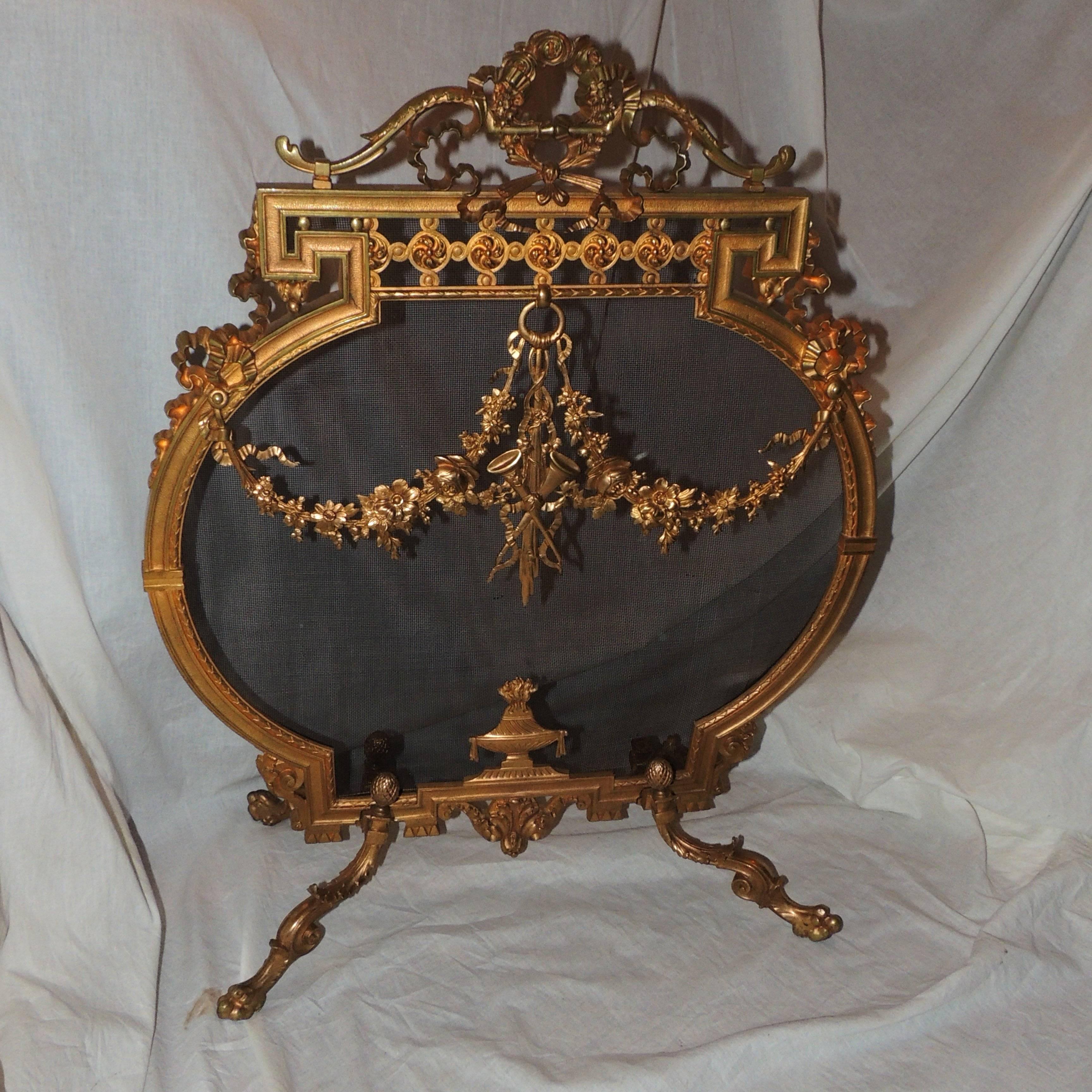 Wonderful French Doré Bronze Fireplace Screen with Ribbons Medallion ...