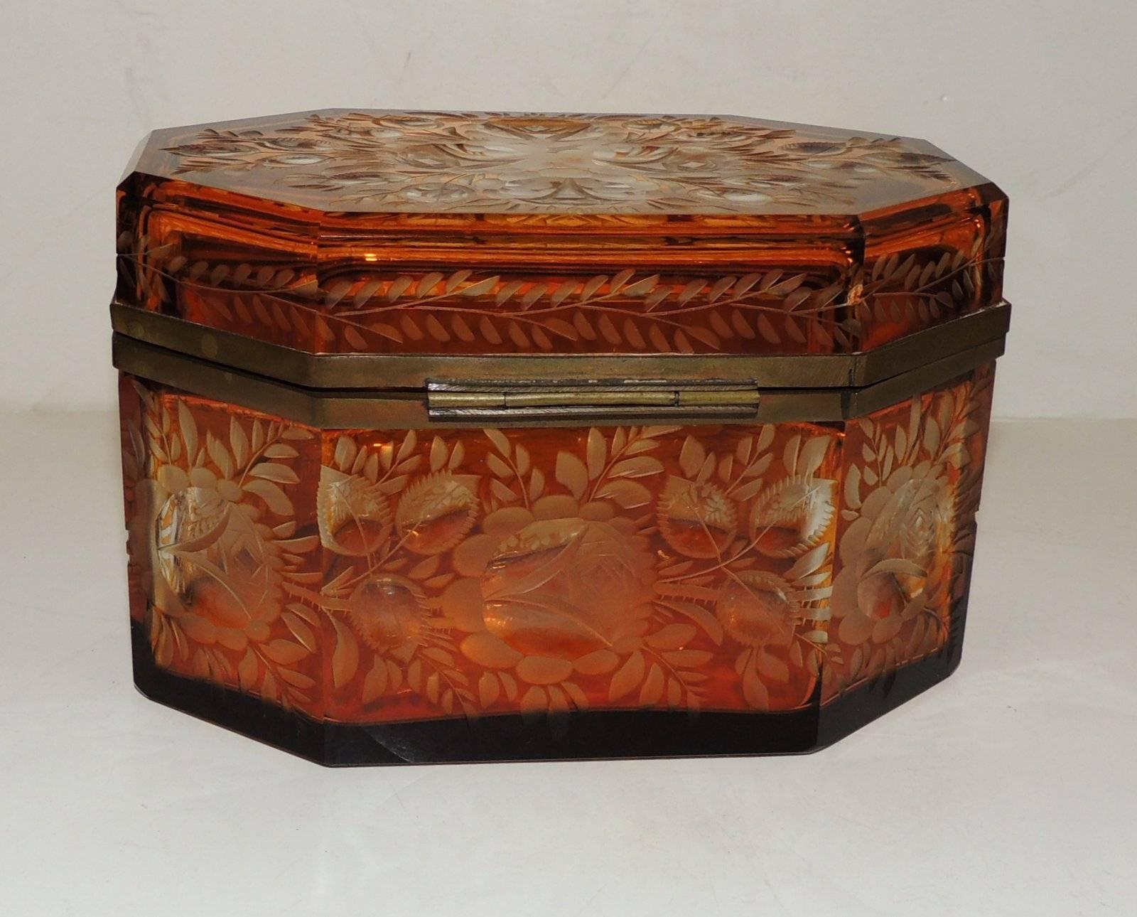 Beautiful Bohemian Bronze Amber Cut Crystal Etched Crystal Floral Box ...