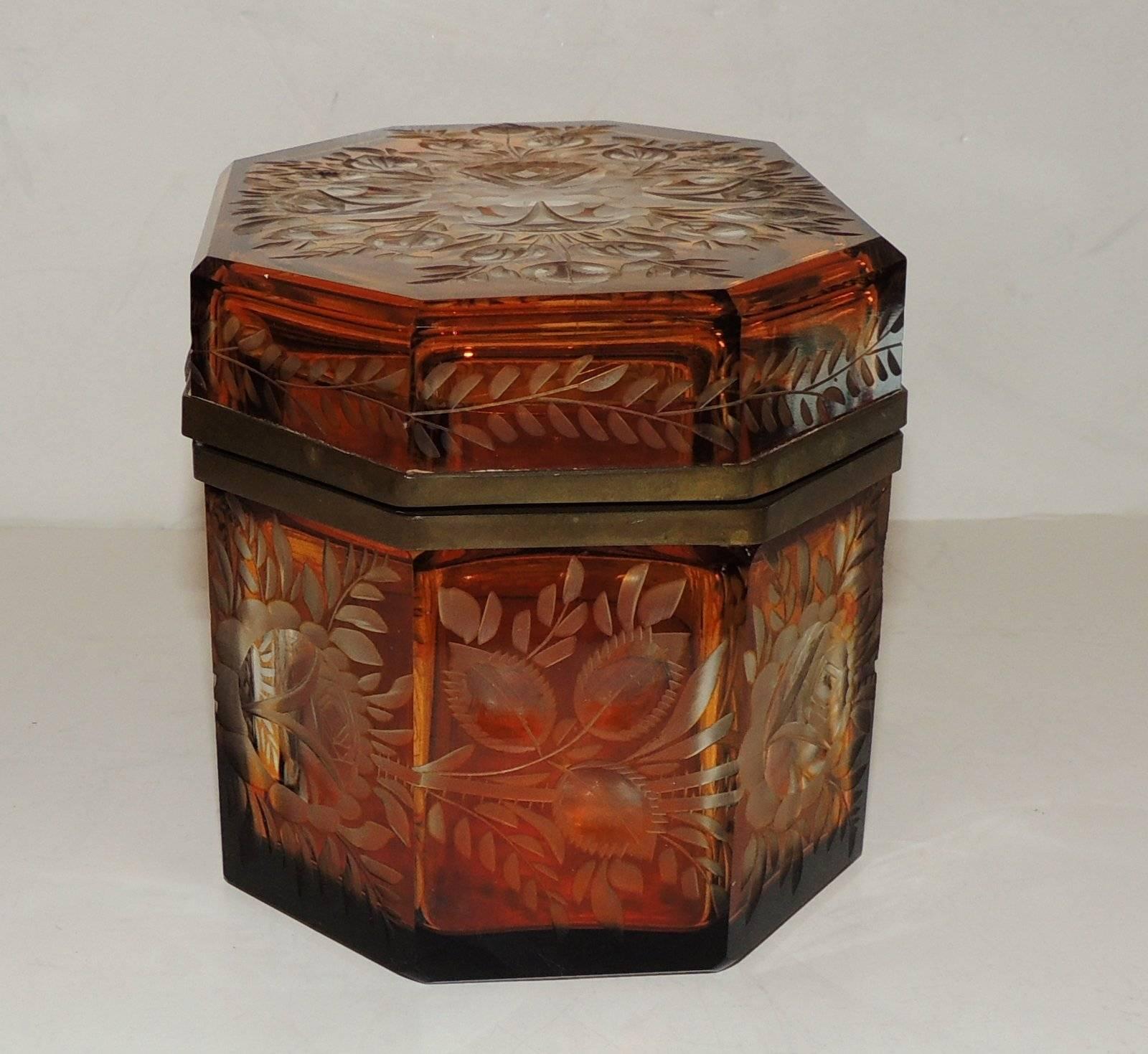 Beautiful Bohemian Bronze Amber Cut Crystal Etched Crystal Floral Box ...