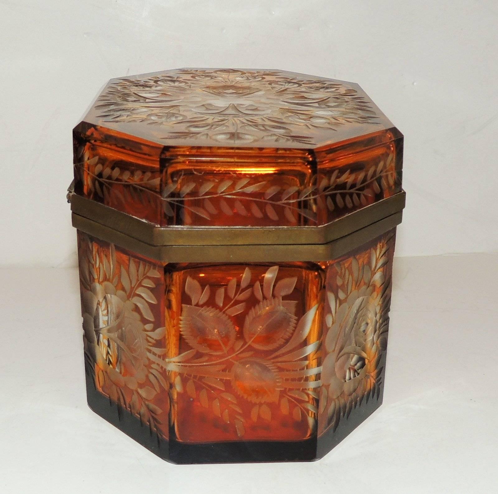 Beautiful Bohemian Bronze Amber Cut Crystal Etched Crystal Floral Box ...