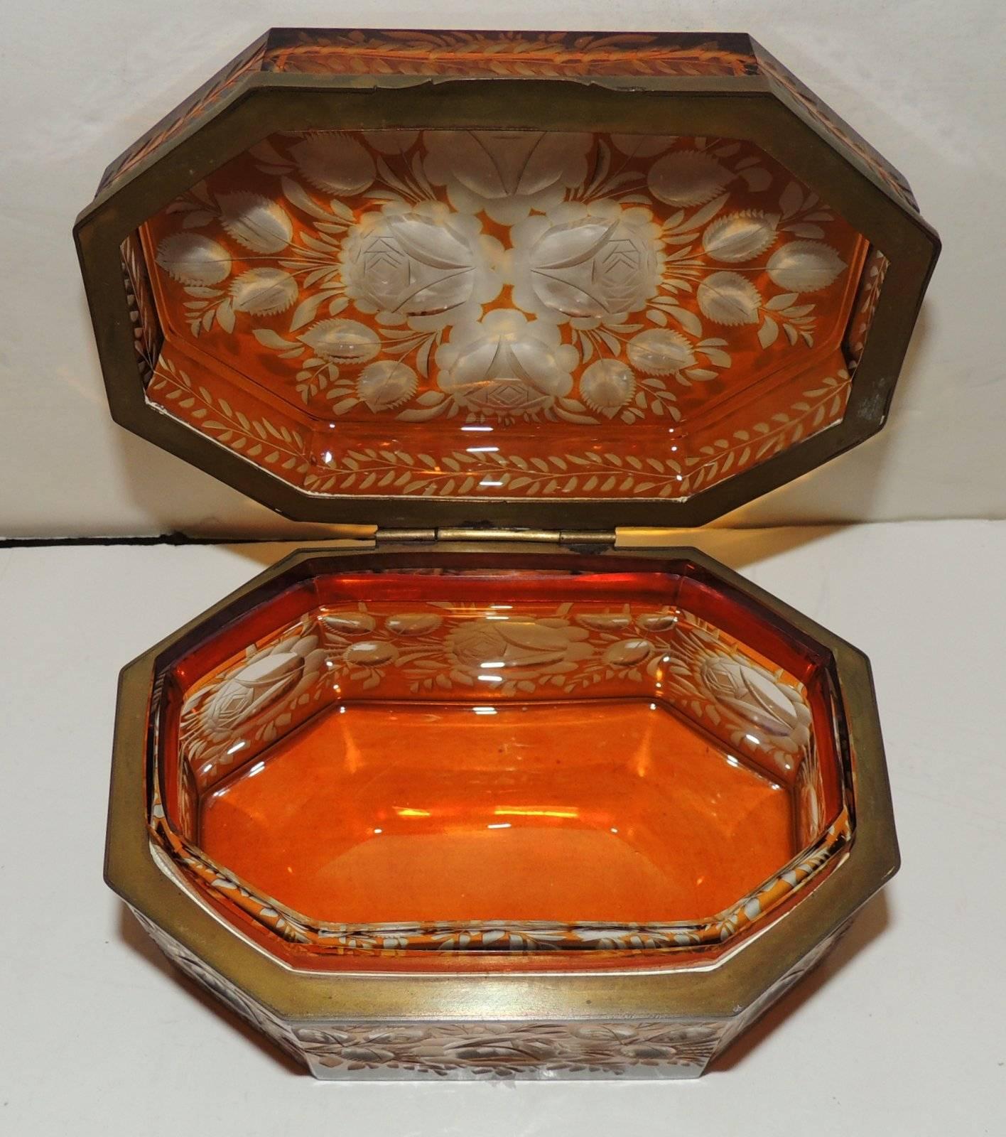 Beautiful Bohemian Bronze Amber Cut Crystal Etched Crystal Floral Box ...