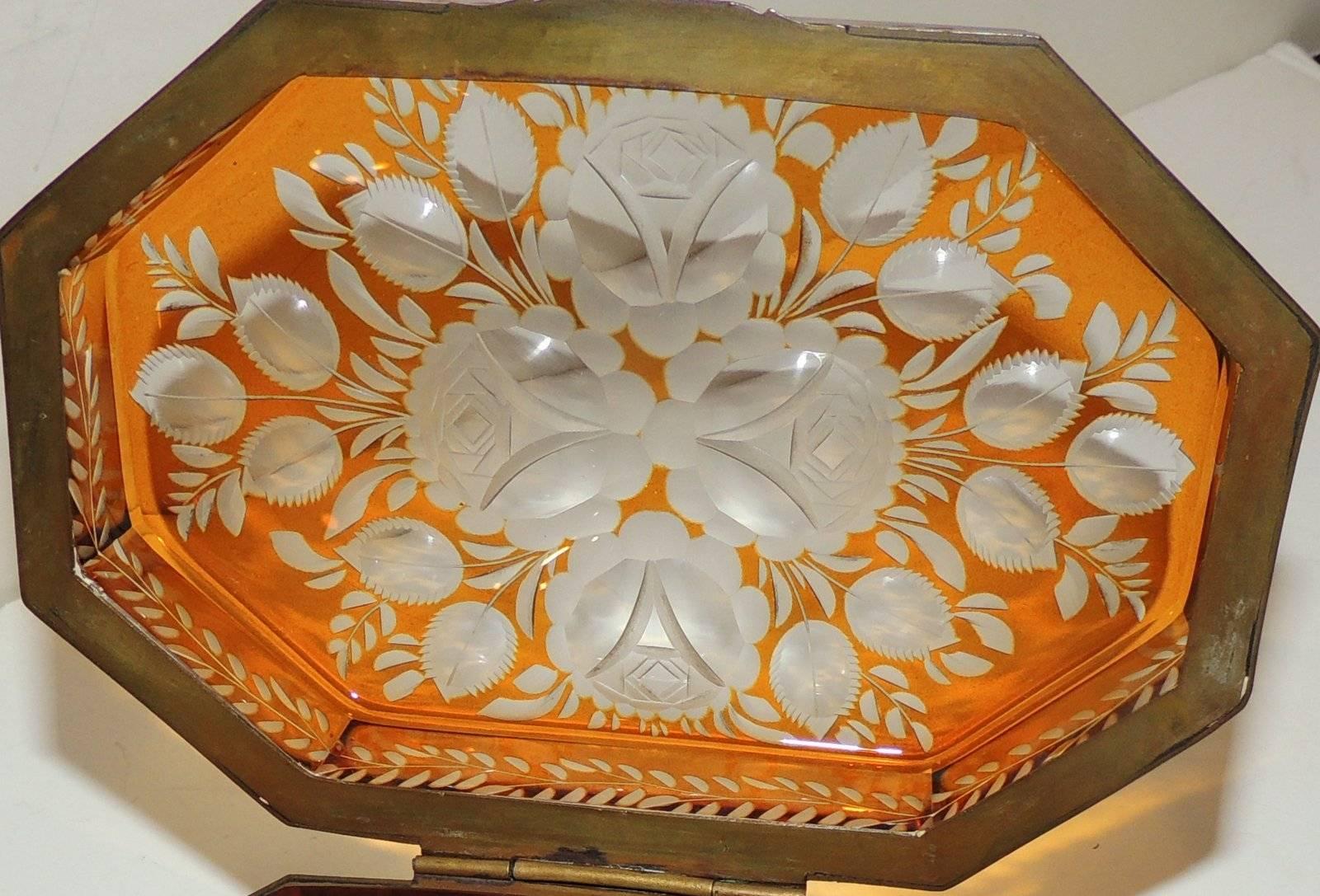 Beautiful Bohemian Bronze Amber Cut Crystal Etched Crystal Floral Box ...