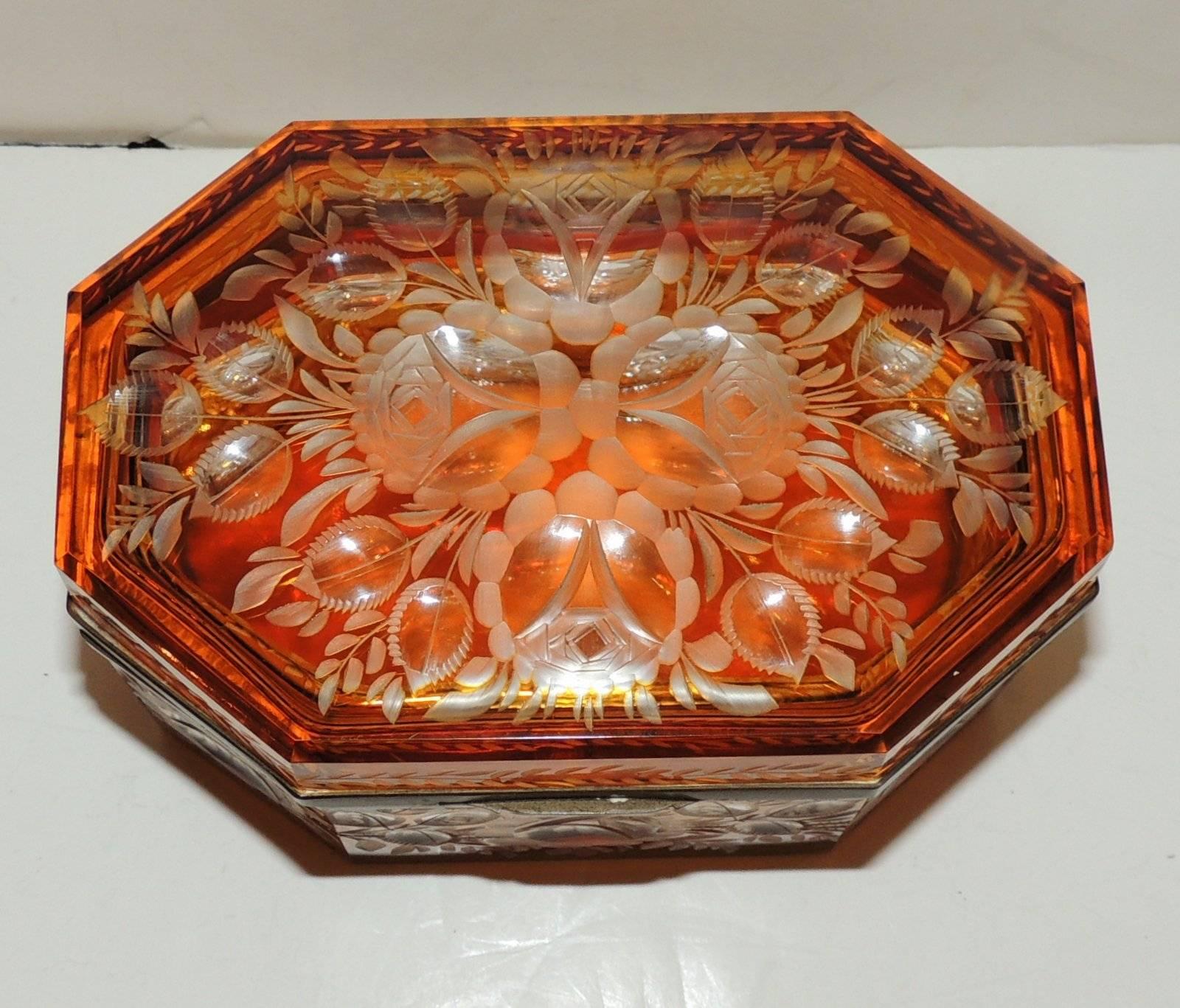 Beautiful Bohemian Bronze Amber Cut Crystal Etched Crystal Floral Box ...