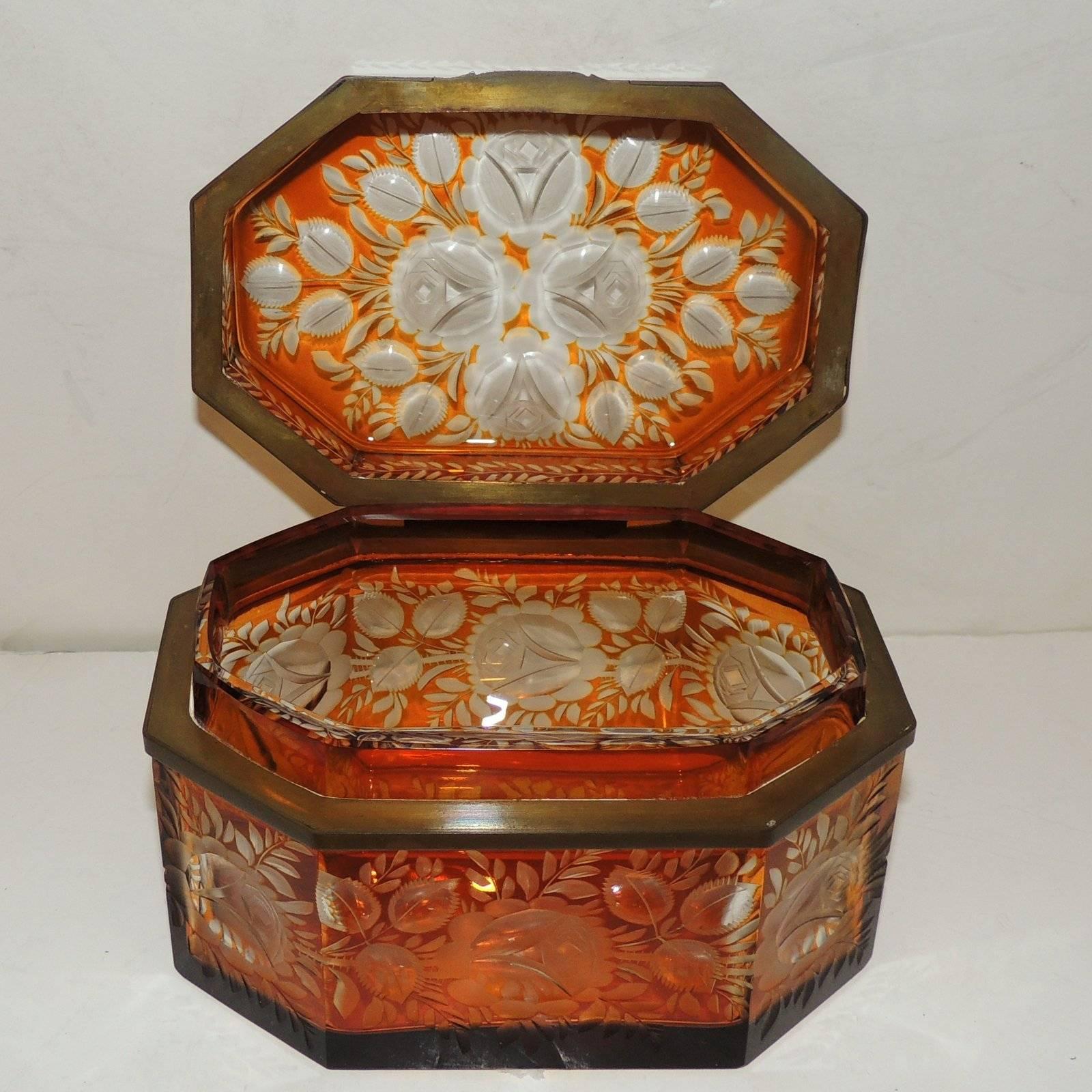 Beautiful Bohemian Bronze Amber Cut Crystal Etched Crystal Floral Box ...