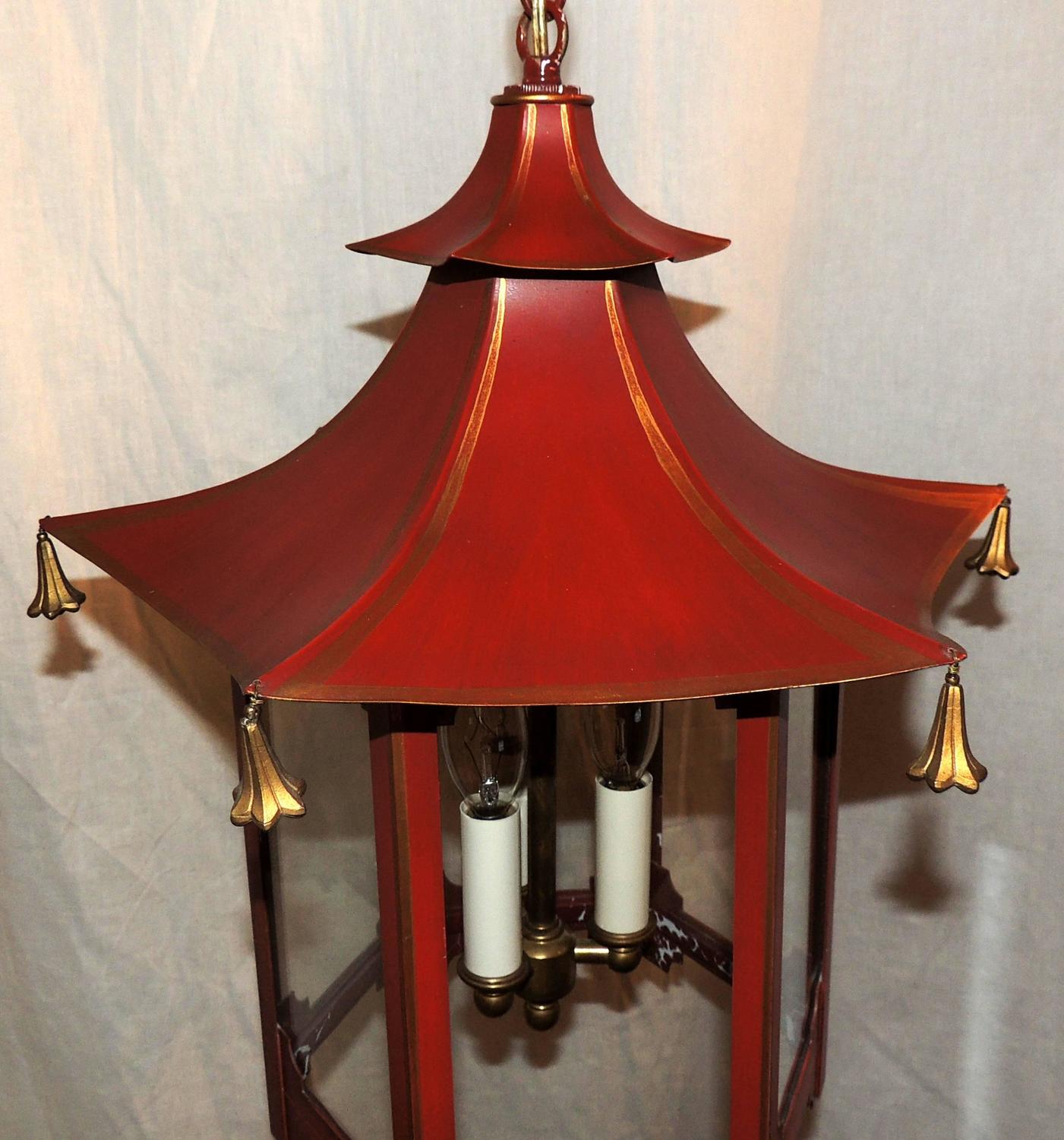 Vintage Chinoiserie Red Gold Gilt Pagoda Lantern Fixture Chandelier at ...