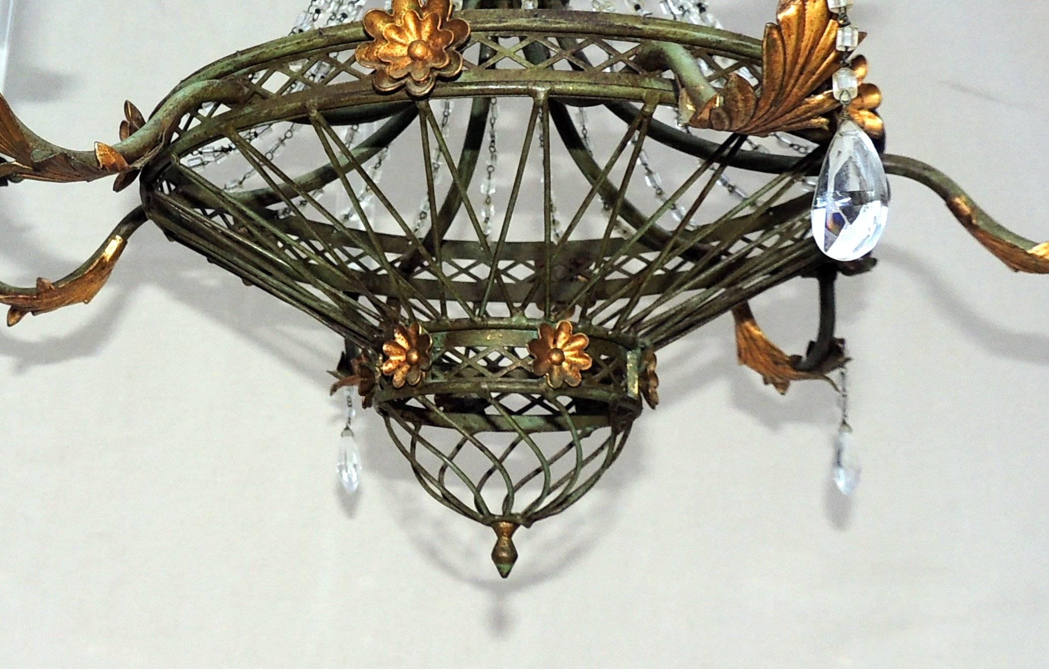 Wonderful Tole Gilt Green Patinated Vintage Beaded Basket Chandelier ...