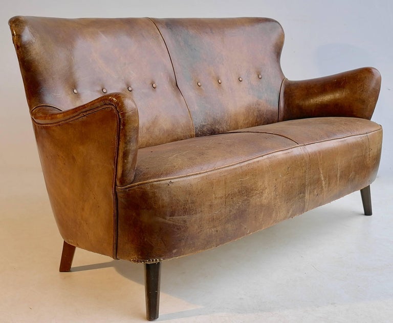 Cognac Leather Danish Sofa with a Rich Patina at 1stDibs