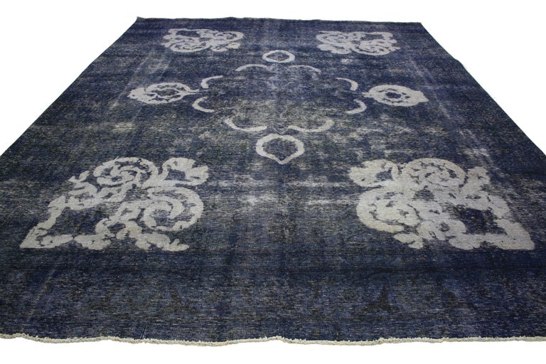 Distressed Overdyed Blue Vintage Persian Rug with Modern Industrial ...