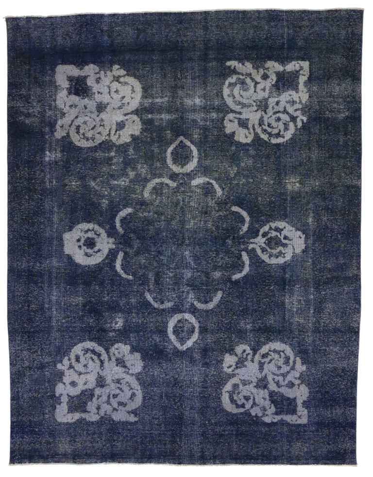 Distressed Overdyed Blue Vintage Persian Rug with Modern Industrial ...