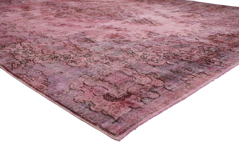 Distressed Pink Overdyed Vintage Persian Rug with Modern Industrial ...