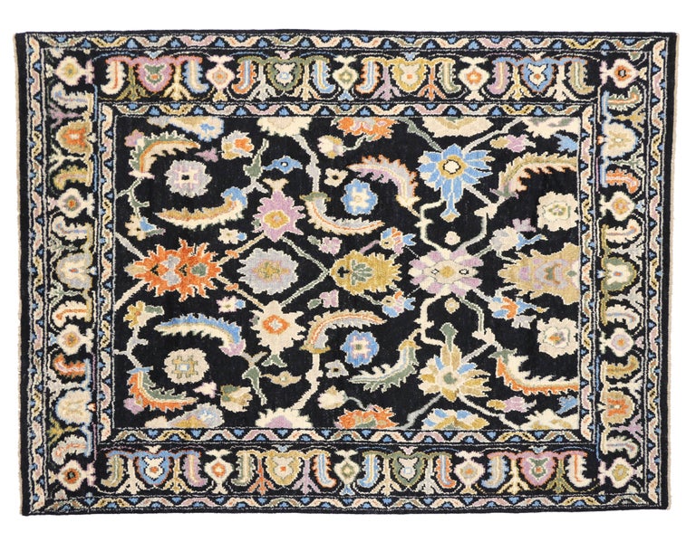 New Contemporary Black Oushak Style Rug with Luxe Hollywood Regency ...
